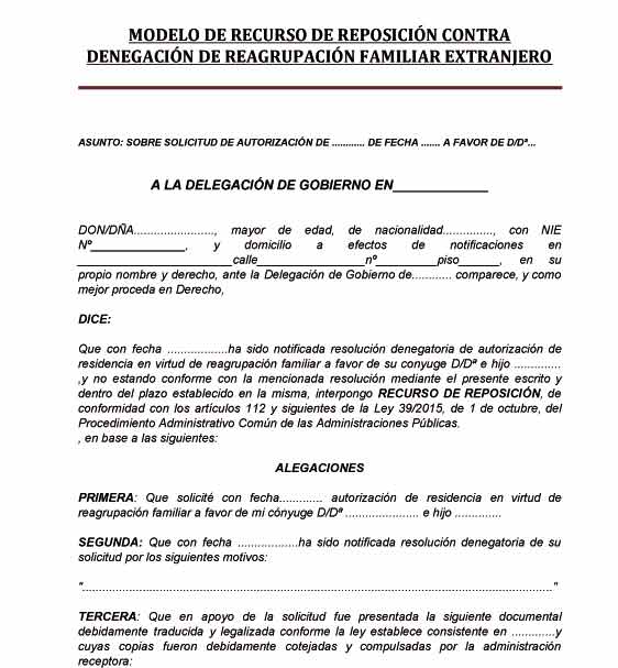 Modelo recurso reposición por denegación reagrupación familiar extranjero