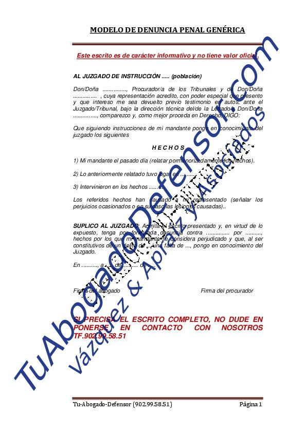 Modelo de denuncia penal genérica - Tu Abogado Defensor