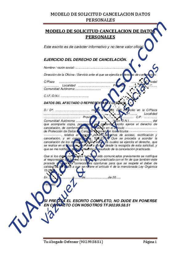 Modelo de solicitud cancelación datos personales - Tu Abogado Defensor
