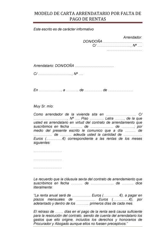 Modelo de carta por impago de rentas de alquiler o arrendamiento