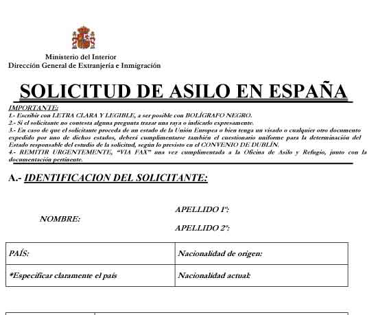 Modelo de solicitud de Asilo y Refugio en España