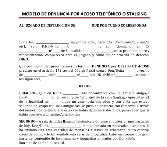 Modelo de denuncia por acoso telefónico o stalking - Tu Abogado Defensor