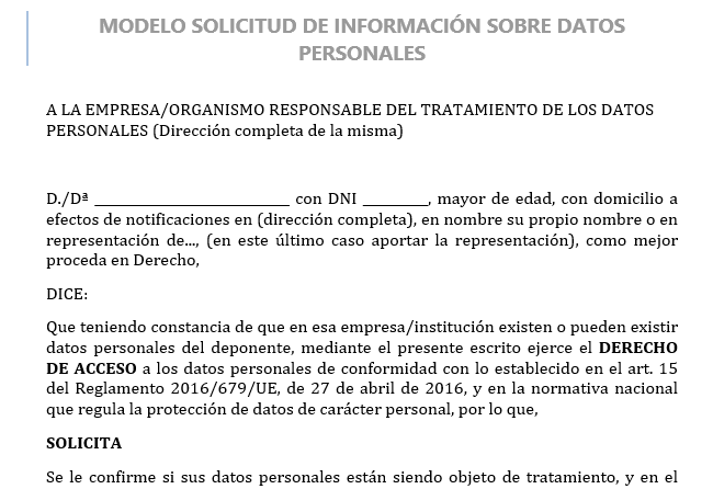 Modelo solicitud de acceso a los datos personales - Tu Abogado Defensor