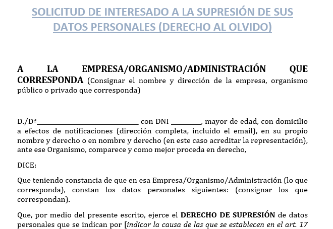 Solicitud supresión datos personales derecho al olvido
